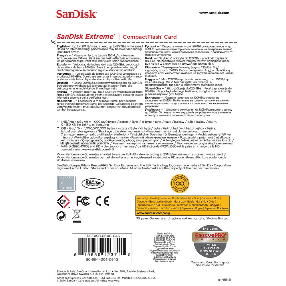 SanDisk Extreme 120MB sec 800x Compact Flash Card 64GB SDCFXSB-064G-G46
